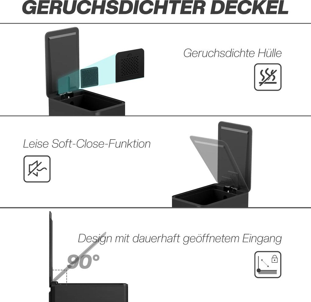 Odpadkový koš 20 l, měkce uzavíratelné víko, přihrádka na deodorant, odolný proti otiskům prstů, nerezová ocel, černý