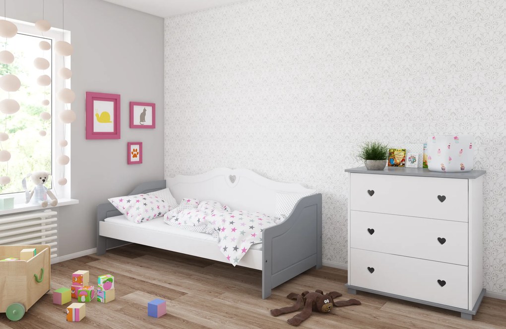 BabyBeds Dětská postel ZUZANA srdíčka Velikost postele: 160x80 cm, Barevné provedení: bílá a šedá, Úložný prostor: Ano, s úložným prostorem Bílá