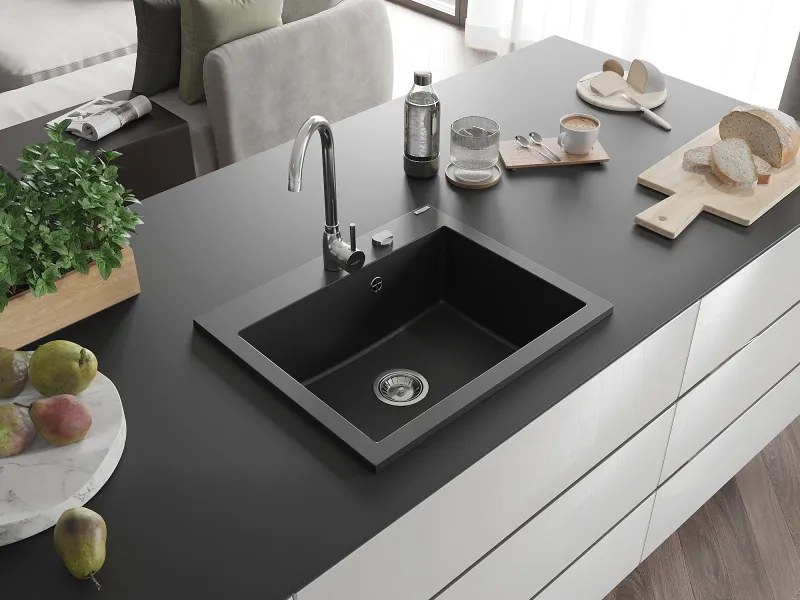 Mexen Elix granitový dřez s 1 komorou 600 x 500 mm, černý, sifon chrom - 6525601005-77