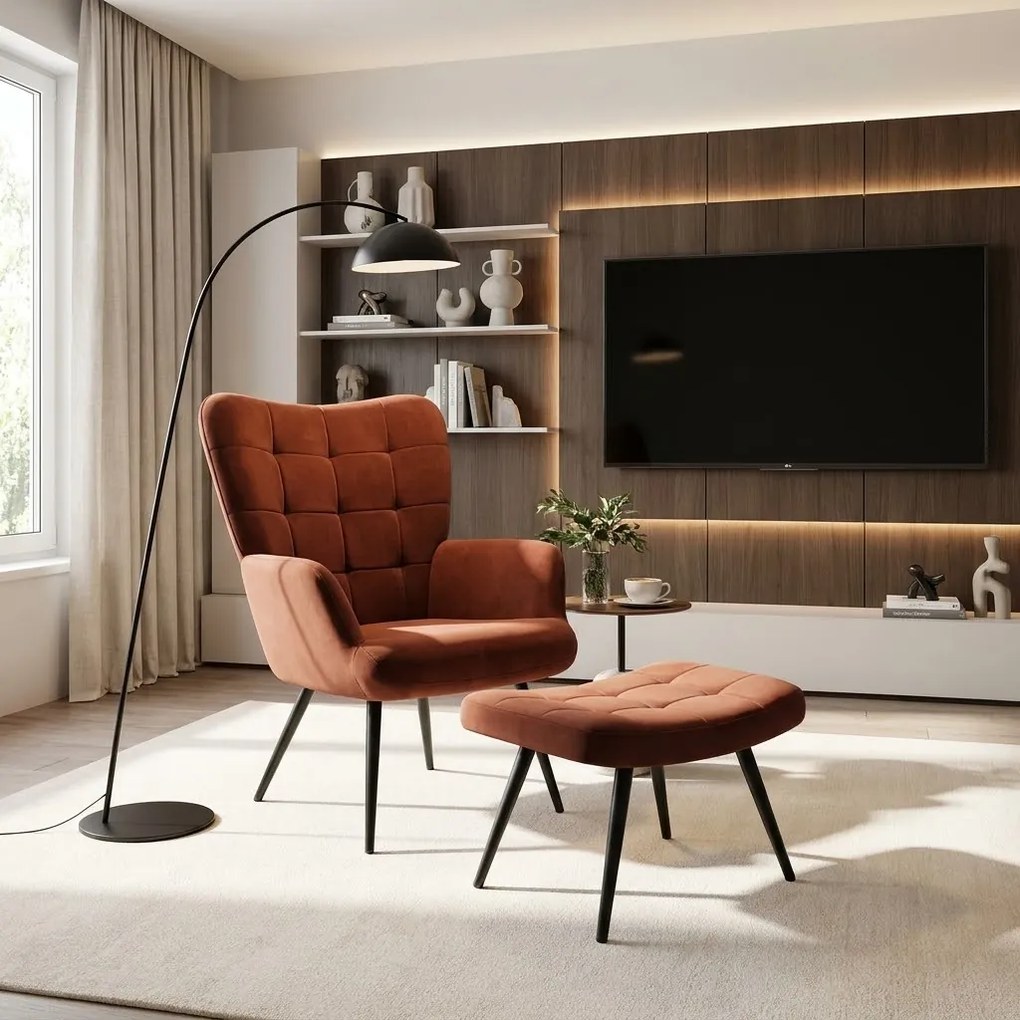 Křeslo ušák LUMEN s podnožkou - Velvet látka, hnědá
