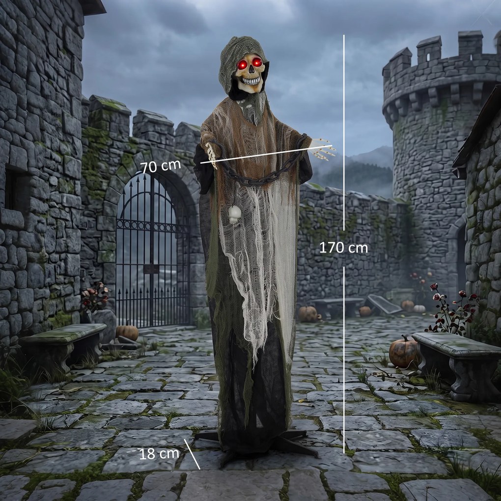 HOMCOM Animovaný Smrtka, 170 cm, životní velikost Halloween animatroniky s pohyblivýma rukama/hlavou, svítícíma očima a strašidelným zvukem
