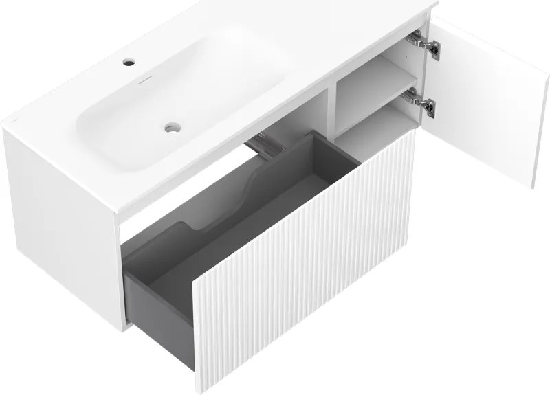 Mexen Rivel, koupelnová skříňka 120 cm s levým umyvadlem Vela, 1S, 1D, drážkovaná, bílá matná, 91A23-12047-3-BBFF01-W23L01