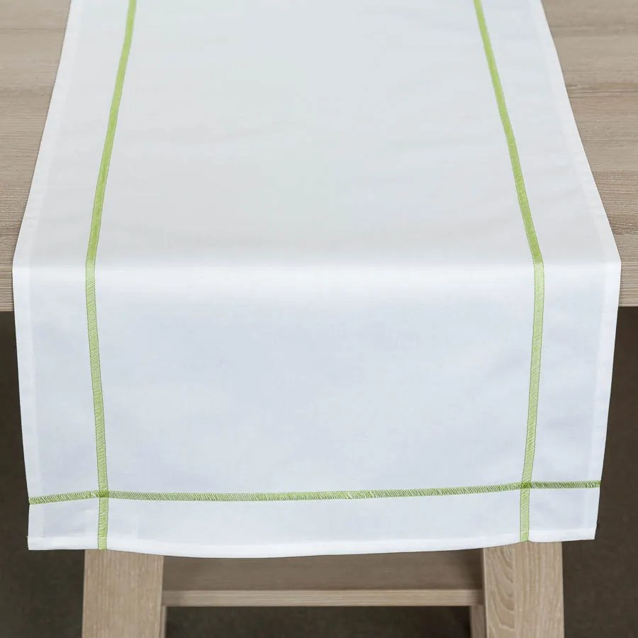 Ubrus Veba GARBO bavlněný satén bílá s ozdobným zeleným šitím s nešpinivou úpravou Velikost: 40x180 cm