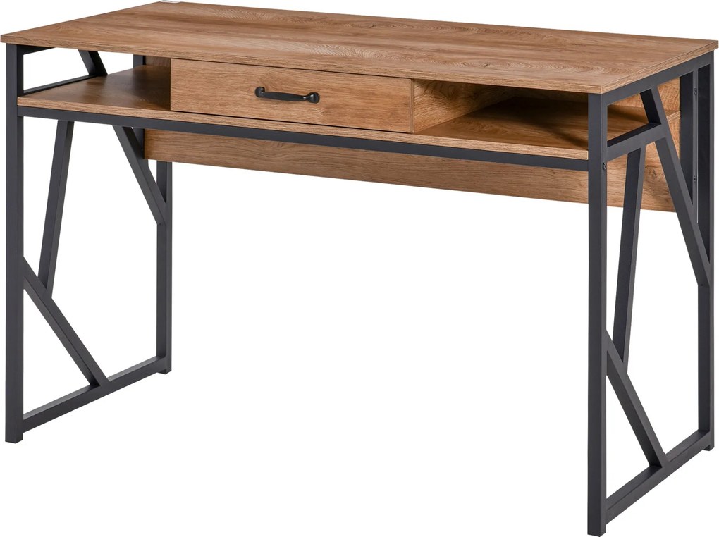 HOMCOM Pracovní stůl v industriálním stylu 120D x 60Š x 76V cm Se zásuvkou + 2 policemi Černé kovové nohy Ořechová dřevinová vrchní část