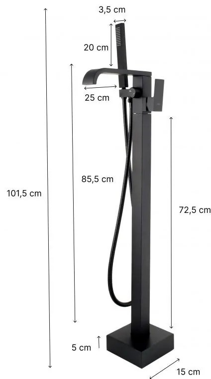 Erga Livo, volně stojící vanová baterie s ruční sprchovou soupravou h-1015, černá matná, ERG-YKA-BP.LIVO-BLK