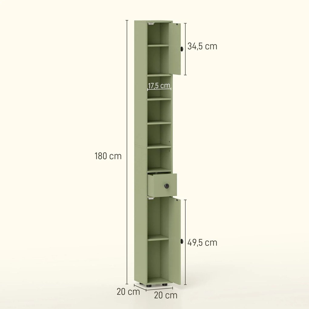 kleankin Úzká koupelnová skříňka se zásuvkou a 4 otevřenými přihrádkami pro malé prostory 20 x 180 cm, zelená