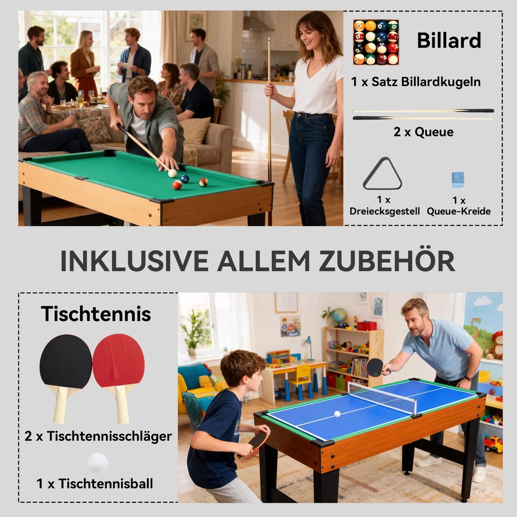 SPORTNOW 5-v-1 víceherní stůl, 53 díly příslušenství, stolní fotbal, stolkohokej, stolní tenis, billiard, basketbal, ořech