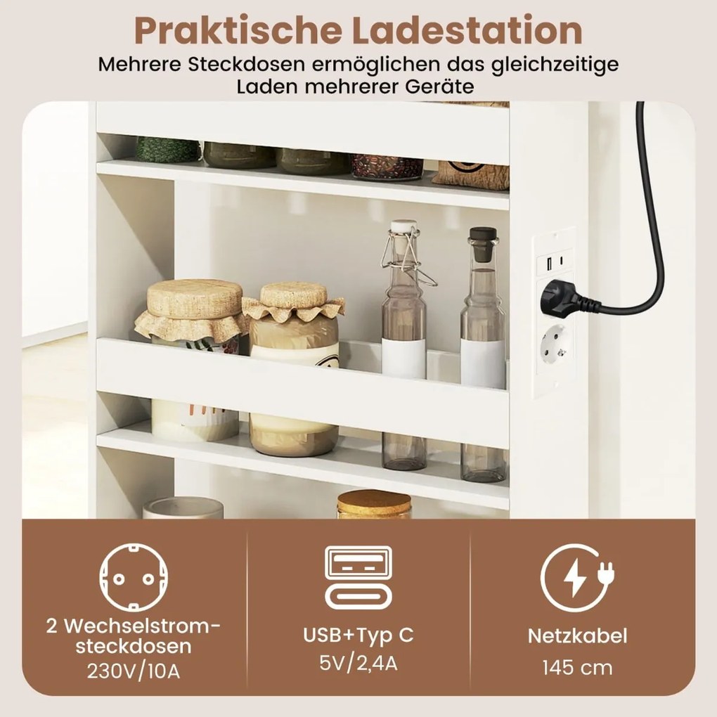 Costway Výklenkový vozík 13 cm široký 4patrový kuchyňský vozík úzký s nabíjecí