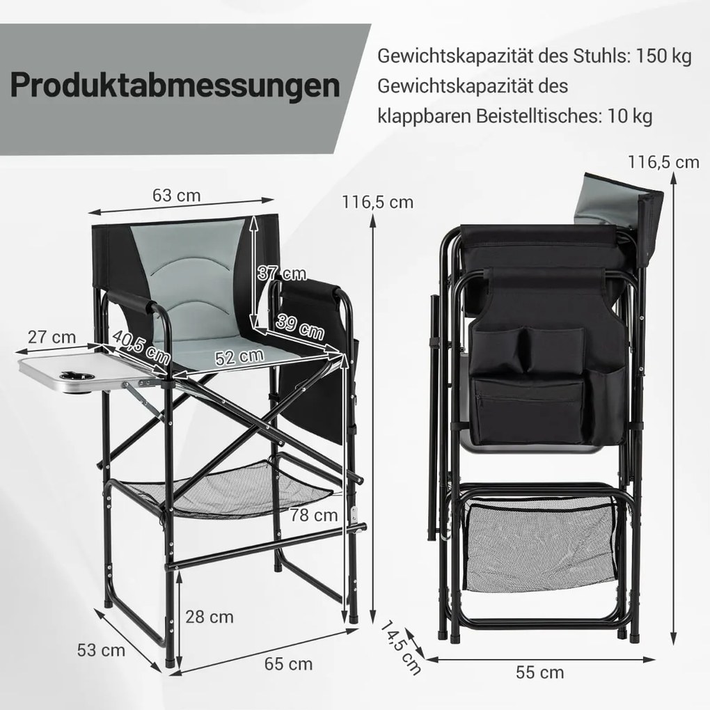 Costway Camping Chair Skládací vysoká skládací židle s bočním stolkem