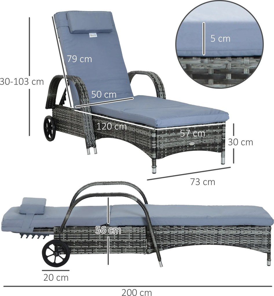 Zahradní nábytek Outsunny zahradní lehátko s poduškou, polyratan a kov, šedé, nastavitelné 200x73x30-103cm pro zahradu a terasu