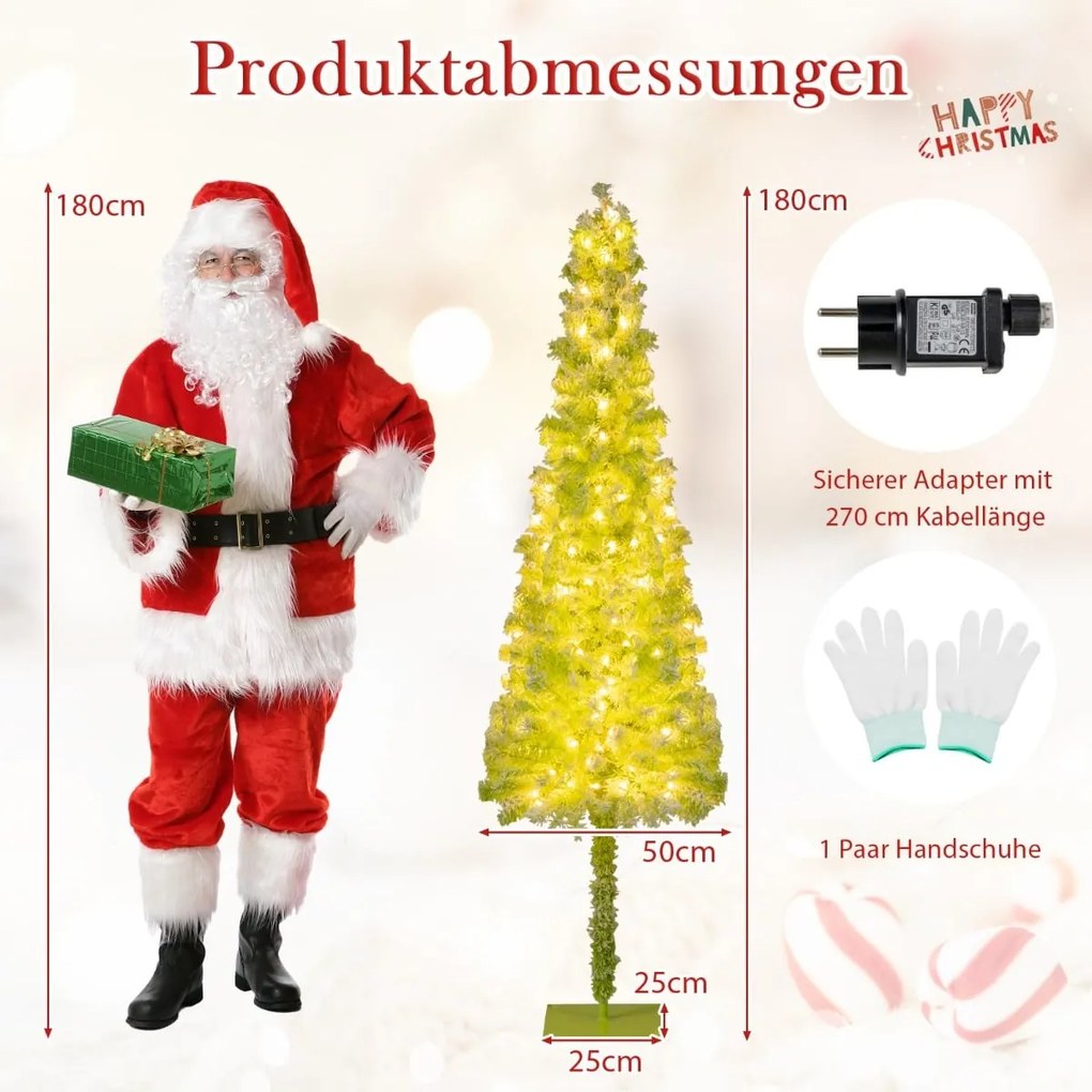 Costway 180 cm Umělý vánoční stromek se světly a sněhovou jedlí s ohýbatelnou