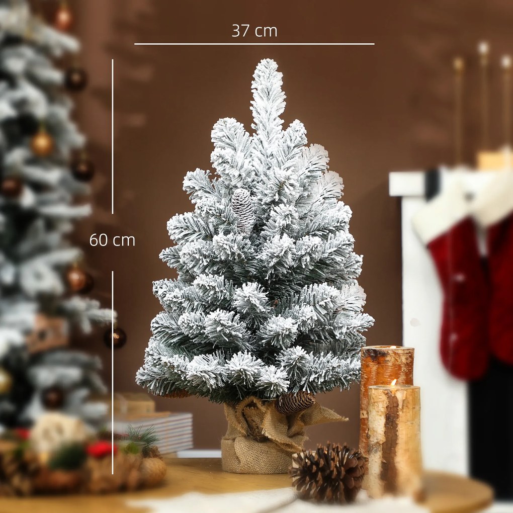 HOMCOM Mini umělý vánoční stromek 60 cm, smrkový stromek umělý se sněhem, 72 větviček, 6 šišek, cementová základna