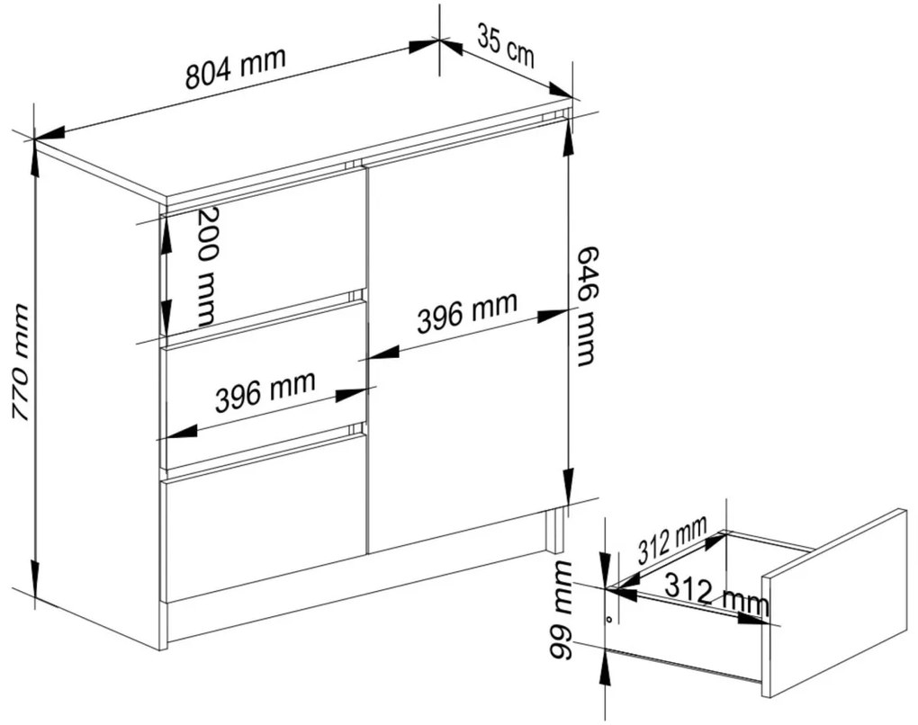 Komoda JERRY K 80 cm 1 dveře 3 zásuvky bílá/dub sonoma