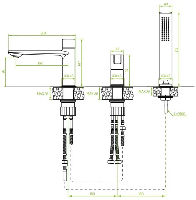 Laveo Tores, 3-otvorová vanová baterie, černá matná, LAV-BVT_713D