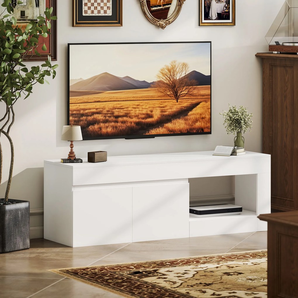 HOMCOM moderní TV nábytek do obývacího pokoje s 2 dveřmi, otevřeným oddílem, pro televizory až do 152,4 cm, 140x40x48 cm, bílý