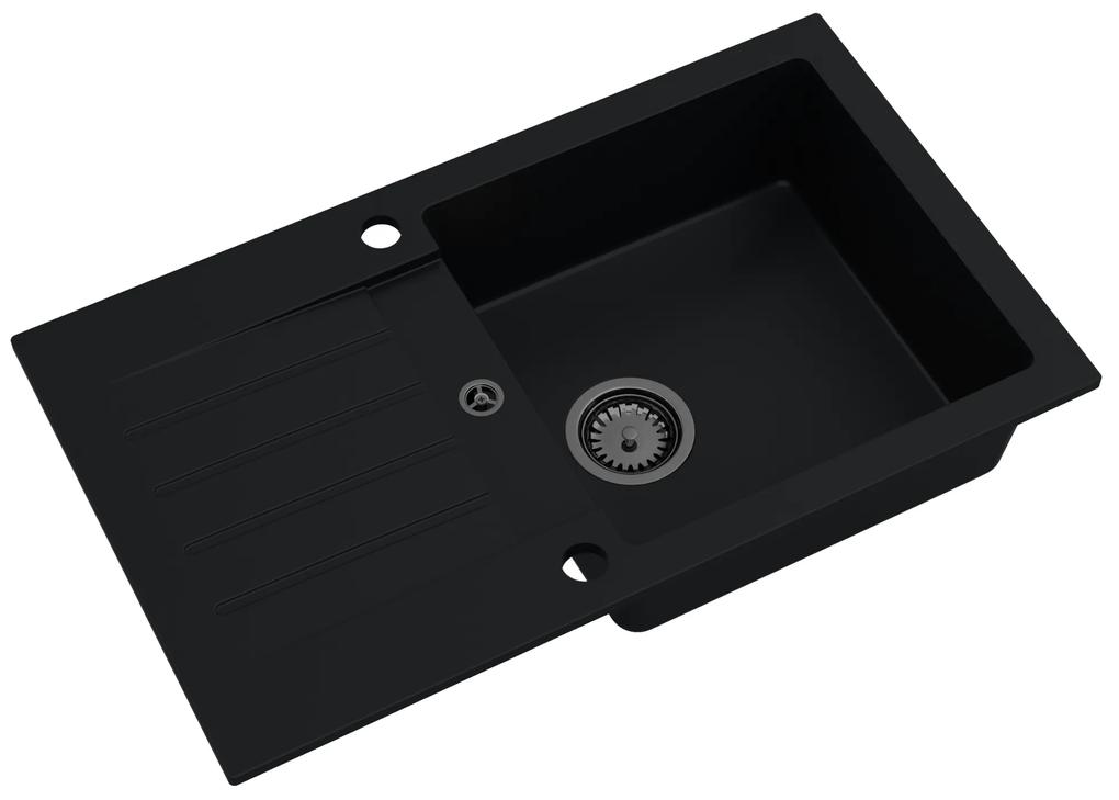 Sink Quality Natalie, kuchyňský granitový dřez 770x450x170 mm + černý sifon, černá, SKQ-NAT.C.1KDO.XB
