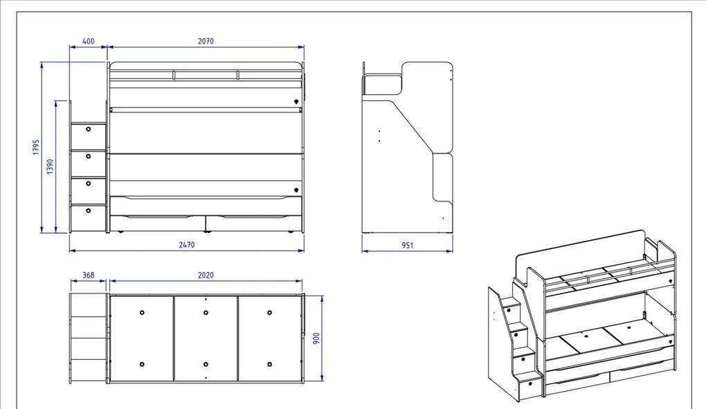 Patrová postel s přistýlkou, úložným prostorem a schůdky Pure Modular - bílá