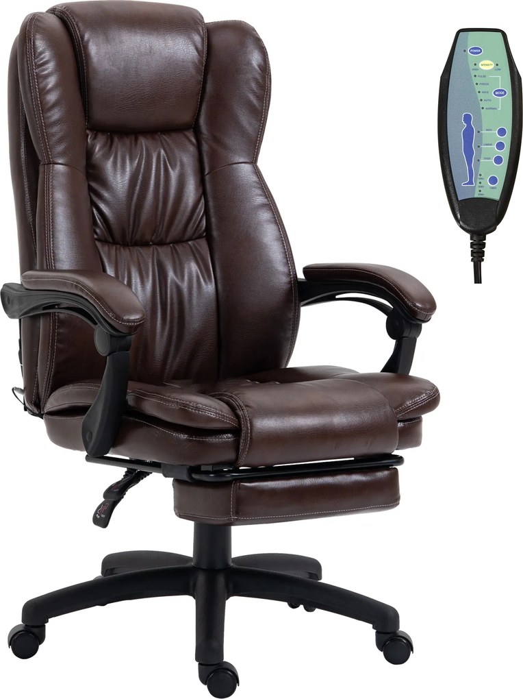 Kožená kancelářská židle Vinsetto s masážní funkcí a funkcí polohování, ergonomická kancelářská židle s podnožkou v hnědé barvě