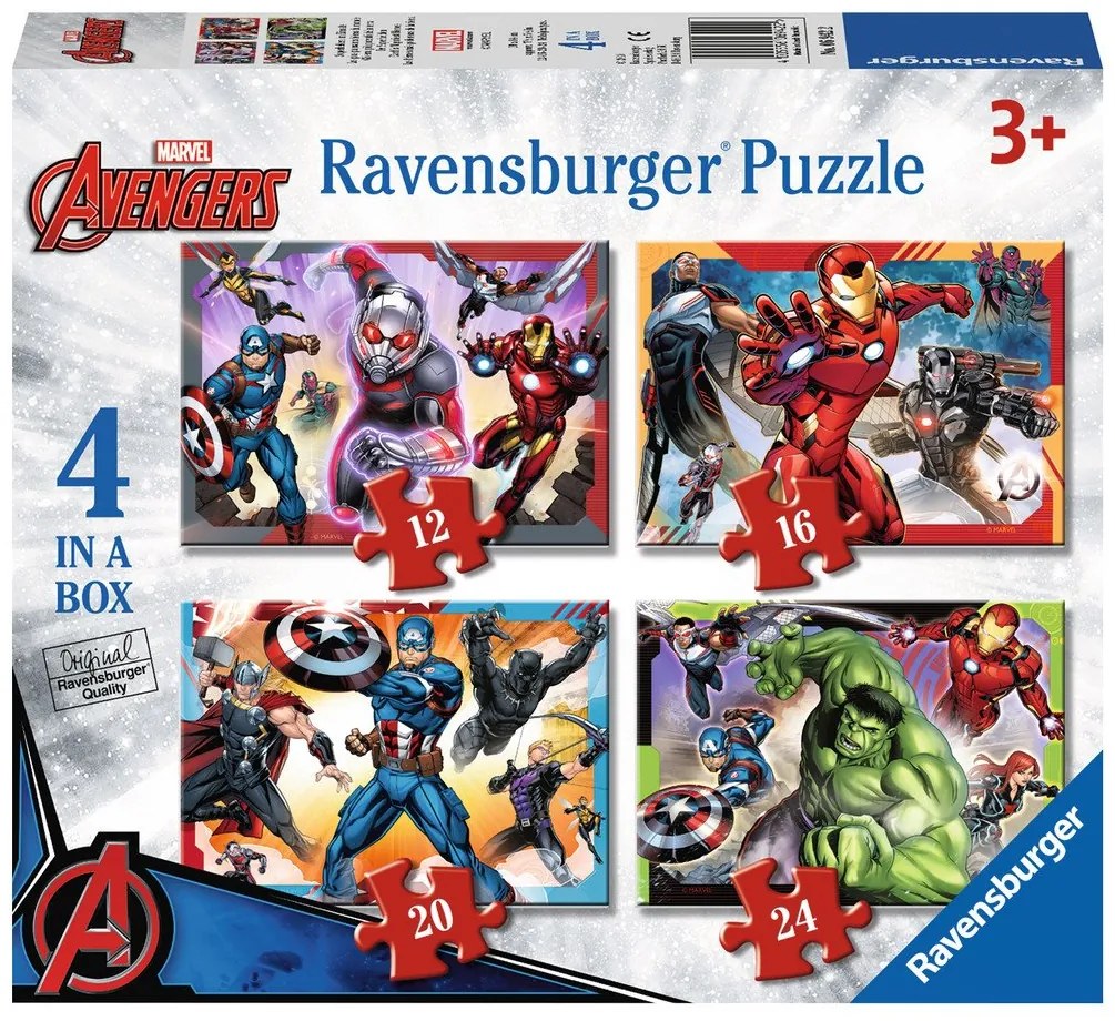 Ravensburger puzzle avengers: nejmocnější hrdinové země 4v1 (12,16,20,24 dílků)