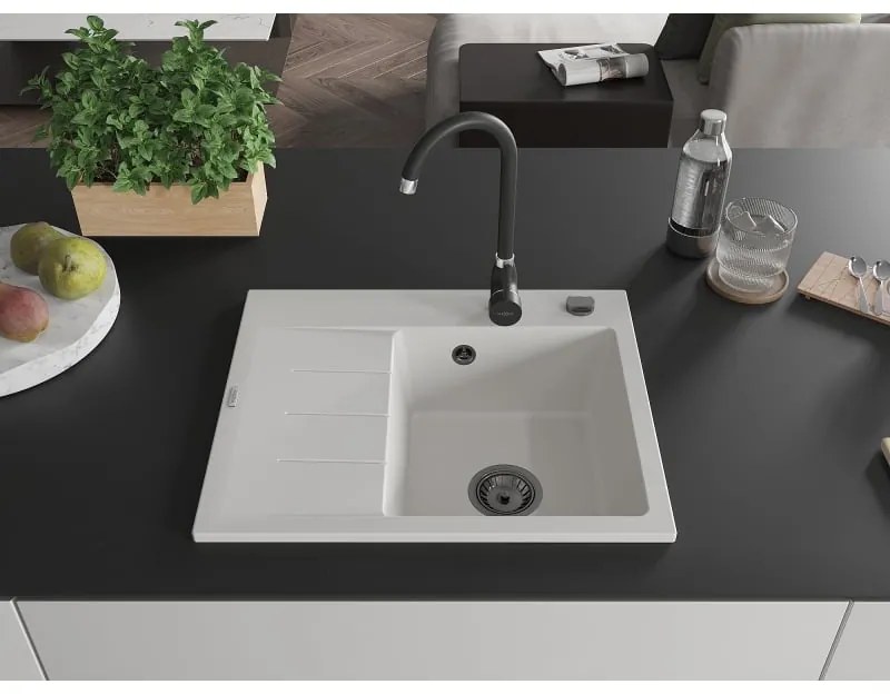 Mexen Ben, 1-komorový granitový dřez 600x500x190 mm, pravý + černý sifon, bílá, 6523605000-20-B