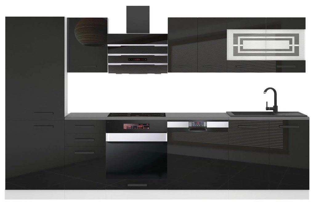 Kuchyňská linka Belini Premium Full Version 300 cm černý lesk s pracovní deskou CINDY