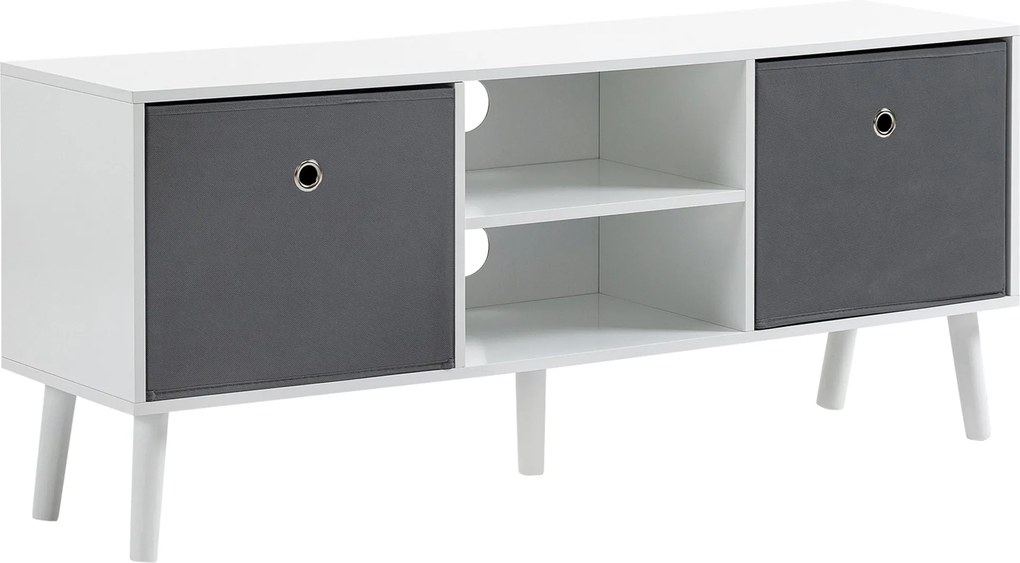 HOMCOM TV stolek pro televizory do 50 palců Moderní TV stolek se 2 látkovými zásuvkami 2 otevřenými policemi 110x29x46.5 cm Bílá a šedá | Aosom