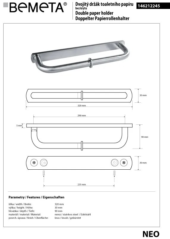 Bemeta Design NEO: Držák toaletního papíru, dvojitý, nerez - 146212245