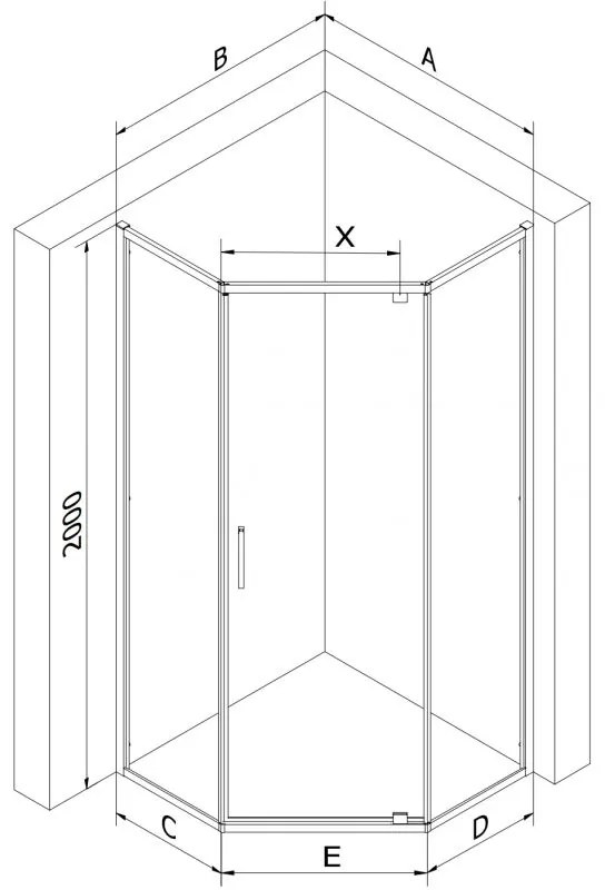 Mexen Exo, pětiúhelníkový sprchový kout s výklopnými dveřmi 100 x 100 cm, 6mm čiré sklo, černý profil, 812-100-100-70-00
