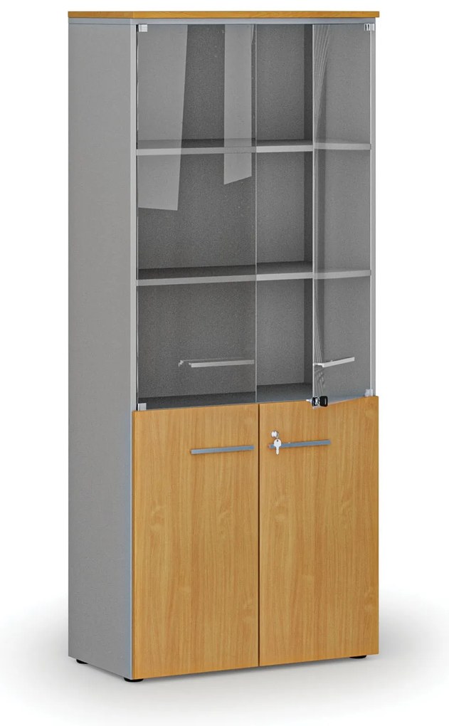 Kombinovaná kancelářská skříň PRIMO GRAY s dřevěnými a skleněnými dveřmi, 800 x 420 x 1781 mm, šedá/buk