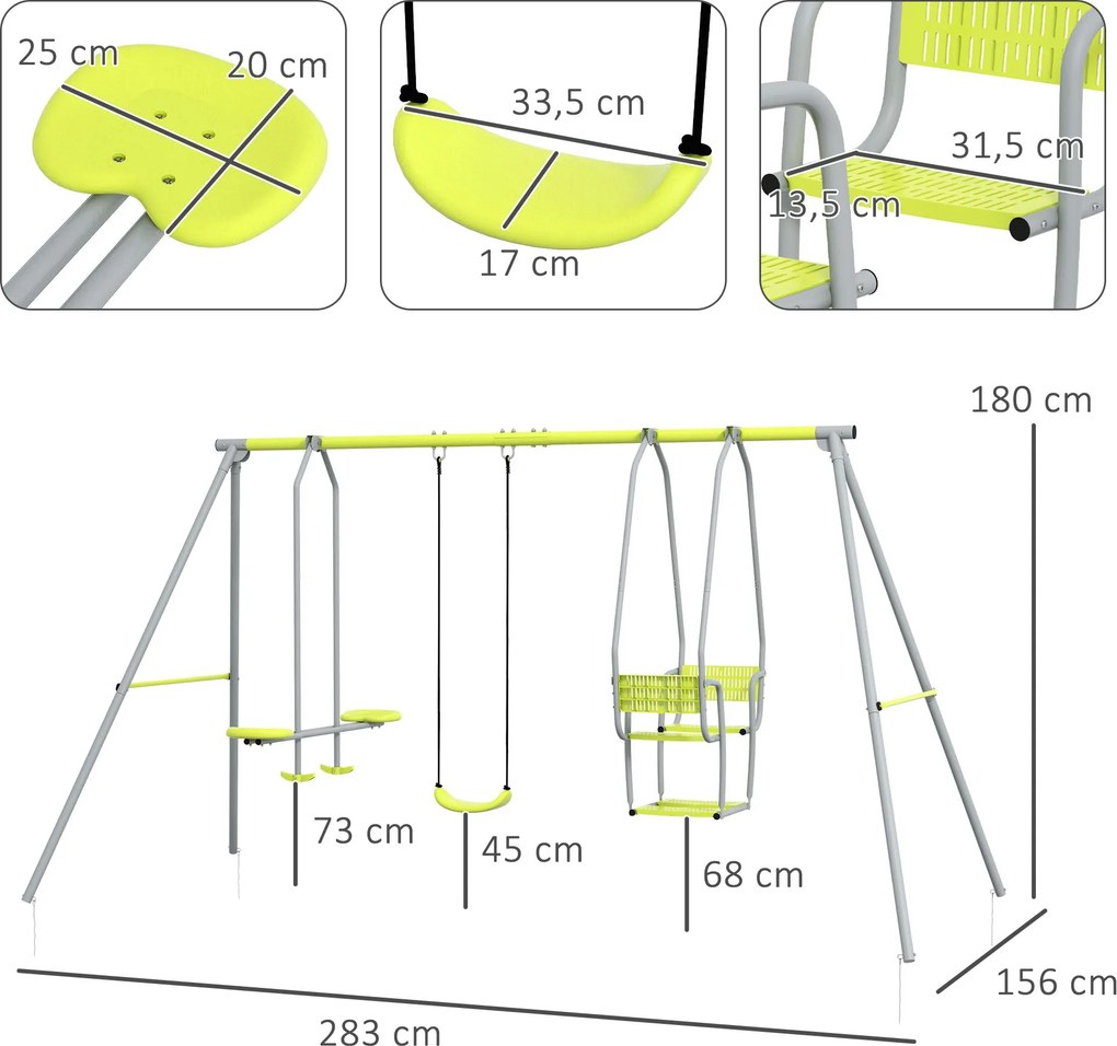 Outsunny 3-v-1 Dětské houpačky s 1 standardní sedačkou a 3 houpačkami, kovový rám, maximální zatížení 225 kg, venkovní herní plocha, zelená