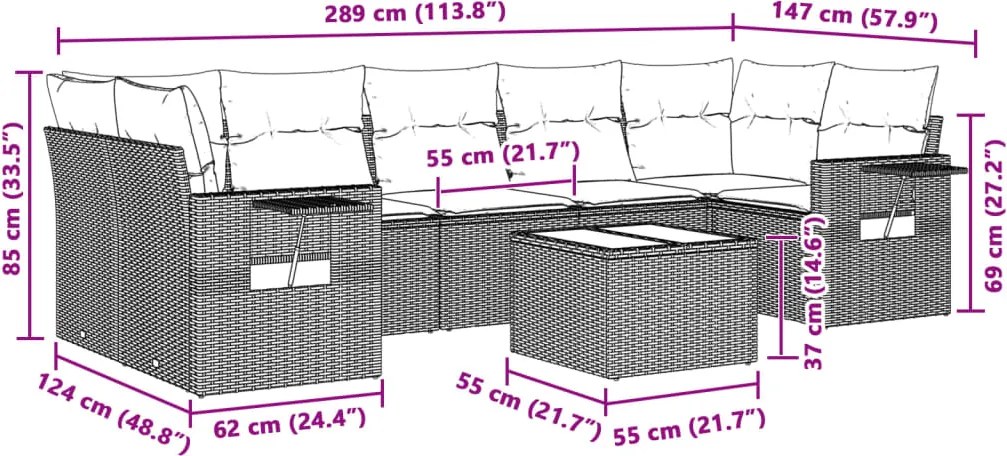 8dílná zahradní sedací souprava a podušky světle šedá polyratan 3252279