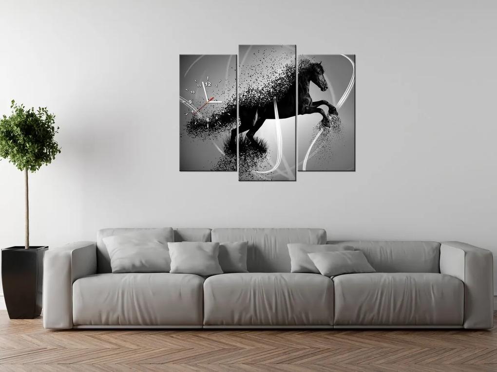 Gario Obraz s hodinami Černobílý kůň, Jakub Banas - 3 dílný Rozměry: 80 x 40 cm