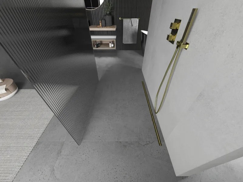 Mexen Kioto, sprchová zástěna Walk-In 100 x 200 cm, 8mm sklo s žebrovým vzorem, zlatý profil, 800-100-002-50-09