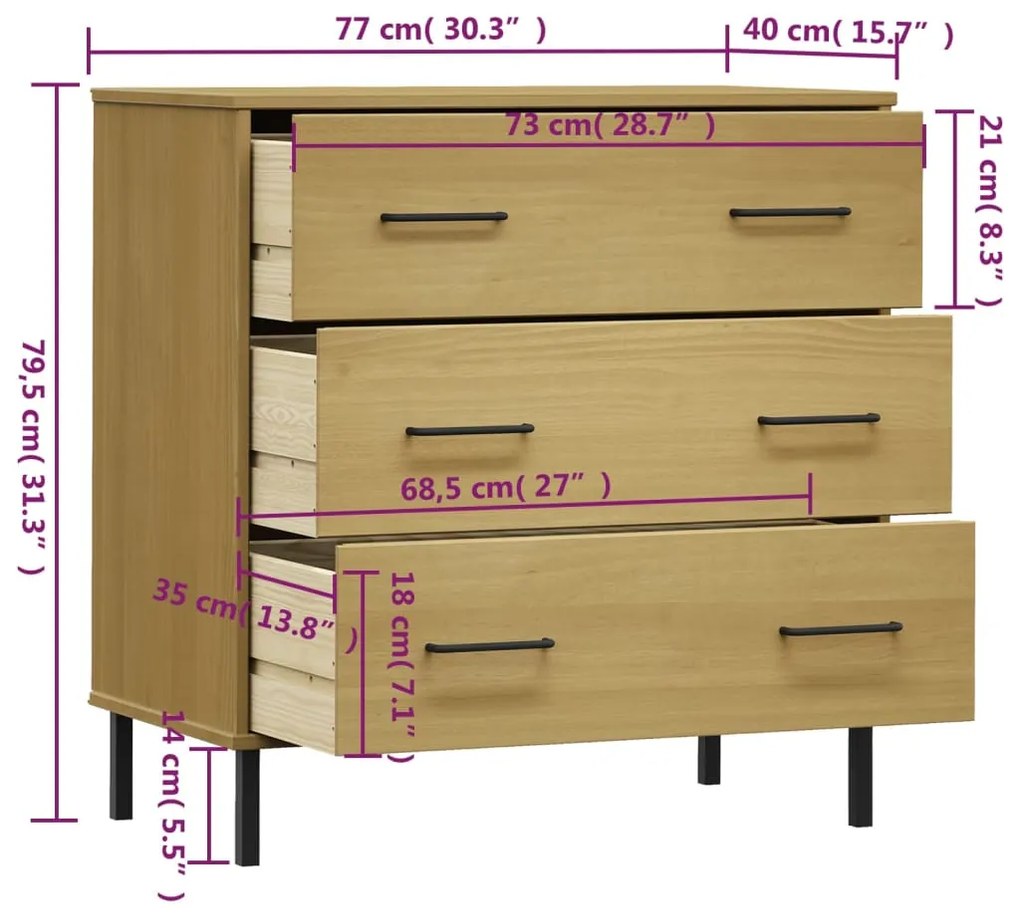 Příborník Oslo se 3 zásuvkami - masivní dřevo - 77x40x79,5 cm | hnědý