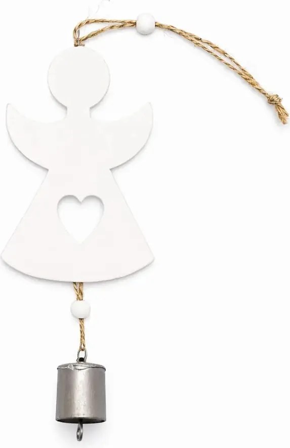Vánoční dřevěná ozdoba na stromeček anděl 12 × 8 cm se zvonkem 3 cm, závěsná, bílá