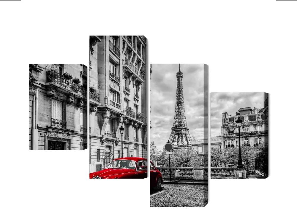 Vícedílný obraz Červené Auto V Retro Stylu Na Pozadí Eiffelovy Věže Nedostatek Nedostatek Přírodní plátno 120x75