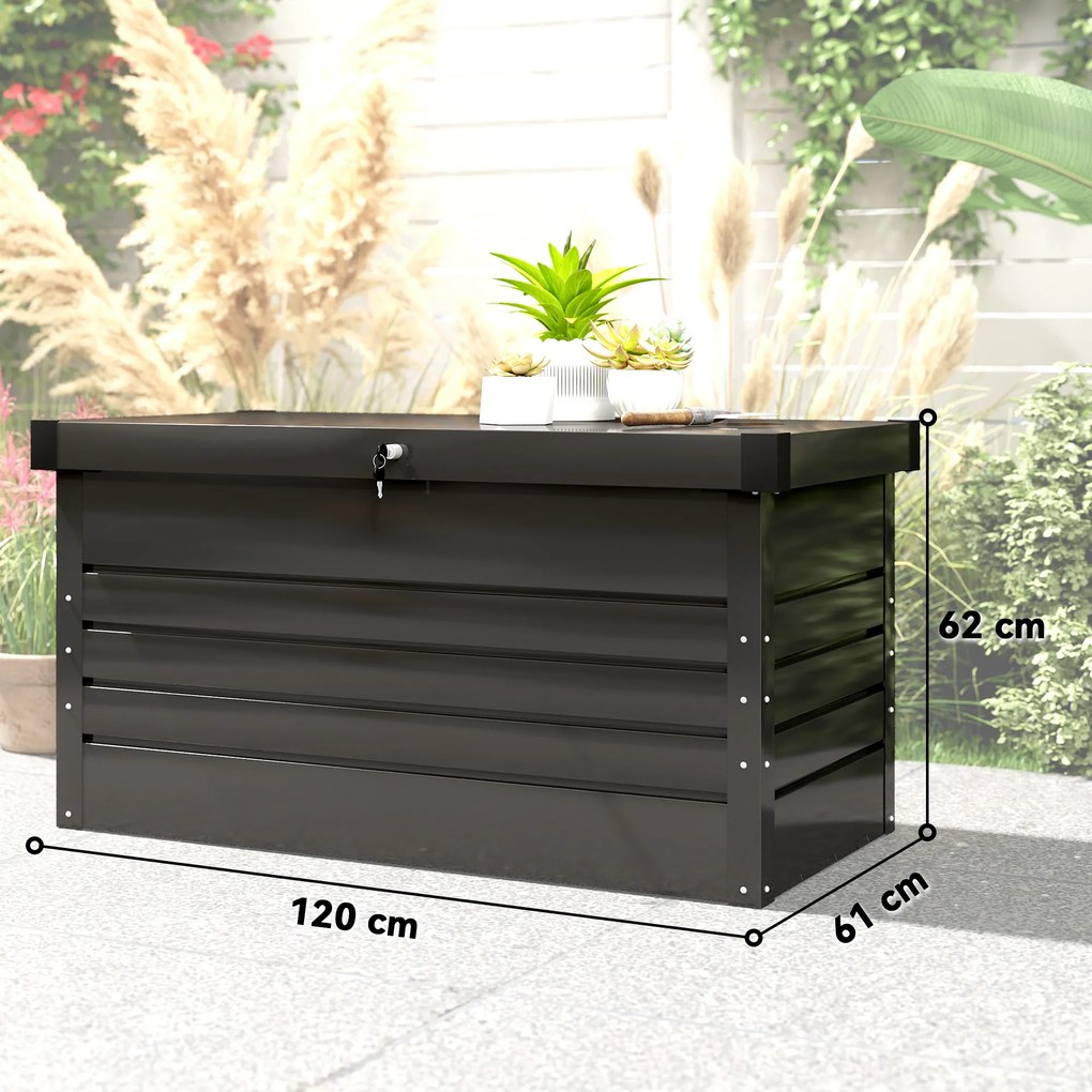 Outsunny kovová zahradní truhla 450 l — zamykatelná, voděodolná úložná truhla s dvojitým víkem a montážními rukavicemi, 120×61×62 cm, šedá