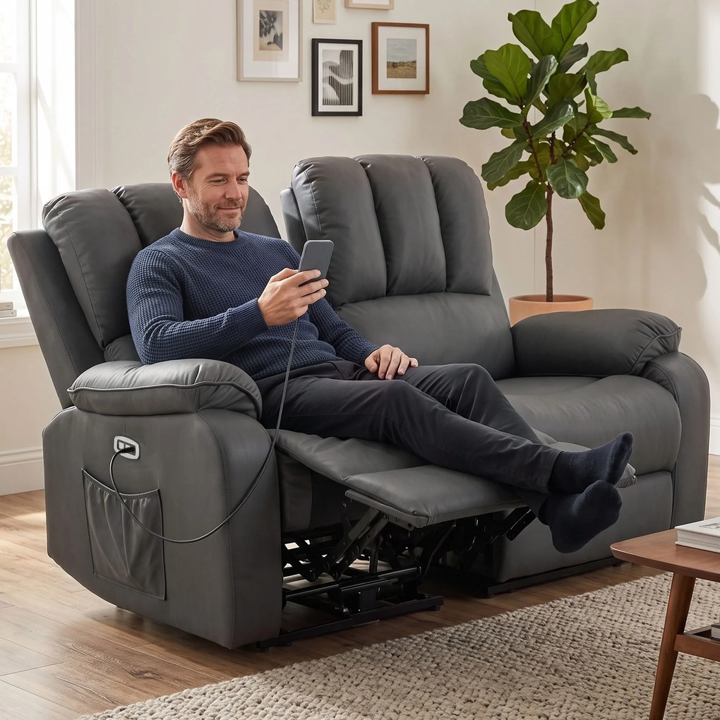 HOMCOM 2-místná elektrická relaxační pohovka z Leathaire s masážní a vyhřívací funkcí, 2 dálkové ovladače, USB-/USB-C porty