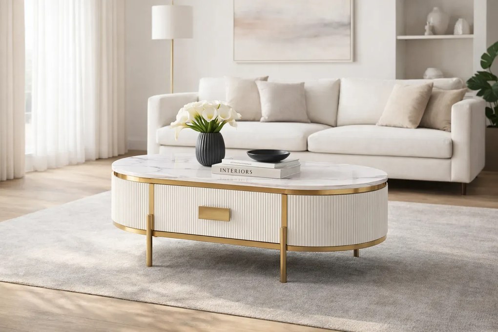 Konferenční stolek Stilig ST380C 124 cm zlatý/bílý mramor