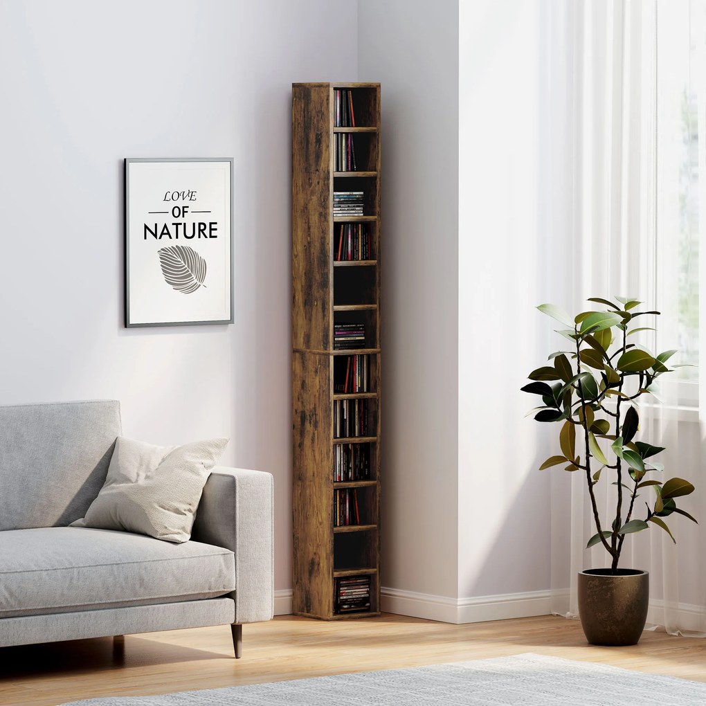 HOMCOM stojan na CD/DVD, vysoký regál se 12 přihrádkami, pojme až 204 disků, rustikální hnědá — 175 × 21 × 20 cm
