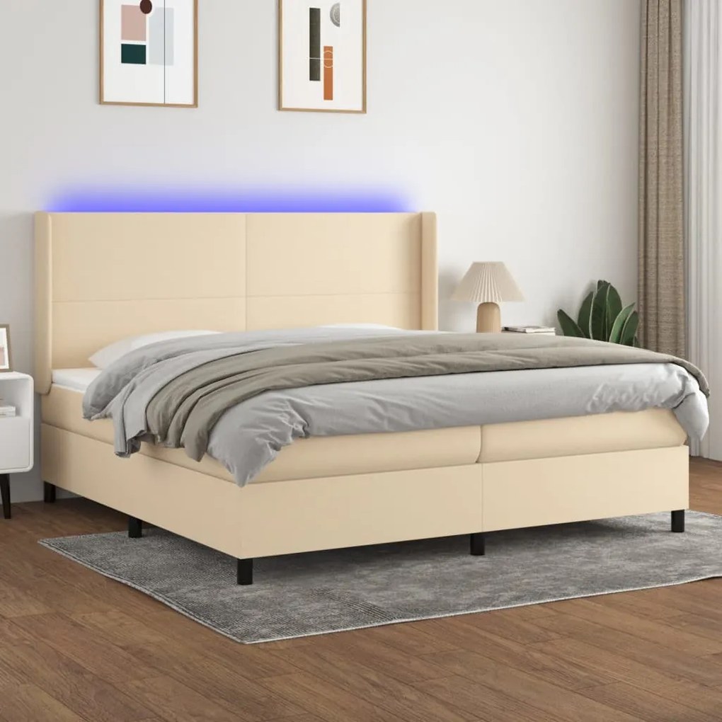 Box spring postel s matrací a LED krémová 200x200 cm textil