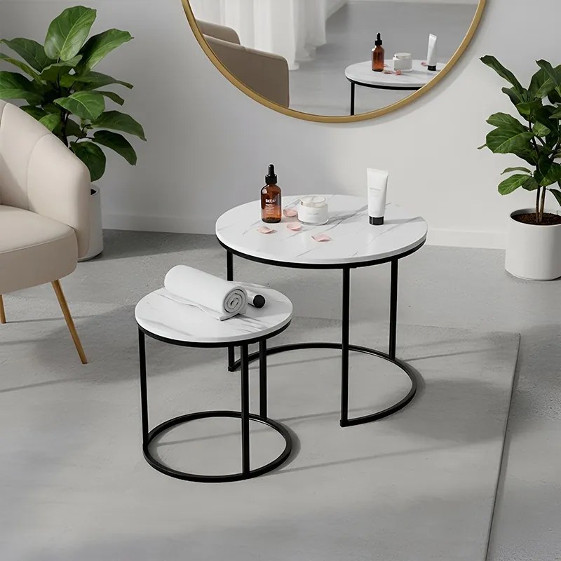 Velaco Set 2 konferenčních stolků TIG-1 70, imitace bílého mramoru/černá