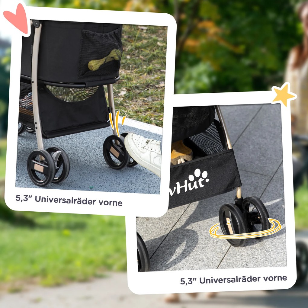 PawHut vozík pro psy 2 v 1, skládací kočárek pro psy s polštářem, 4 kolečka, síťované okno, tkanina Oxford, černá