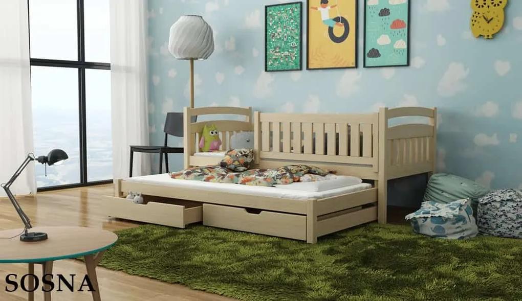 Dřevěná postel GALAXY  s úložným prostorem a výsuvným lůžkem  90x200cm -  PŘÍRODNÍ
