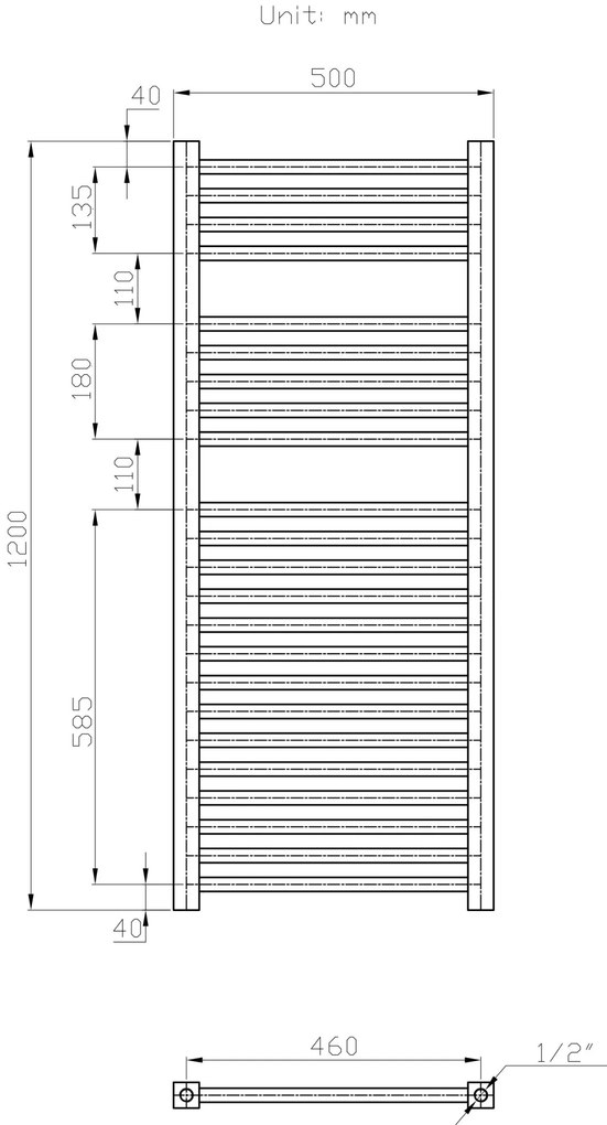 Erga Proper, topné těleso 1200x500 mm, 709W, černá, ERG-LAV-PROP-12050-BK