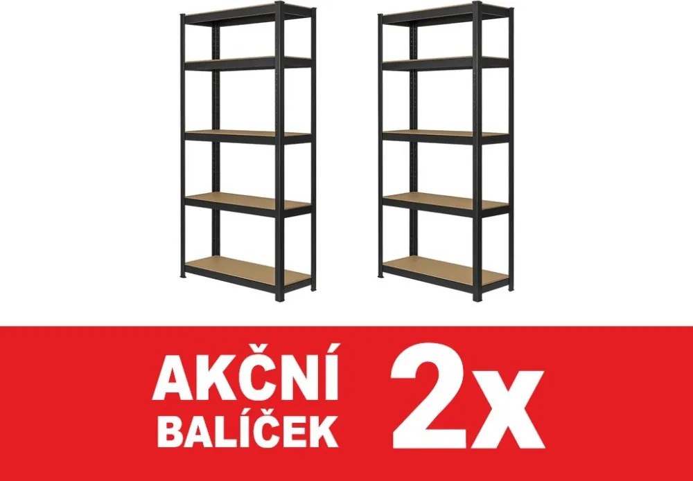 Akce 2x Regál 200x100x50 cm lakovaný 5-policový, nosnost 875 kg - černý