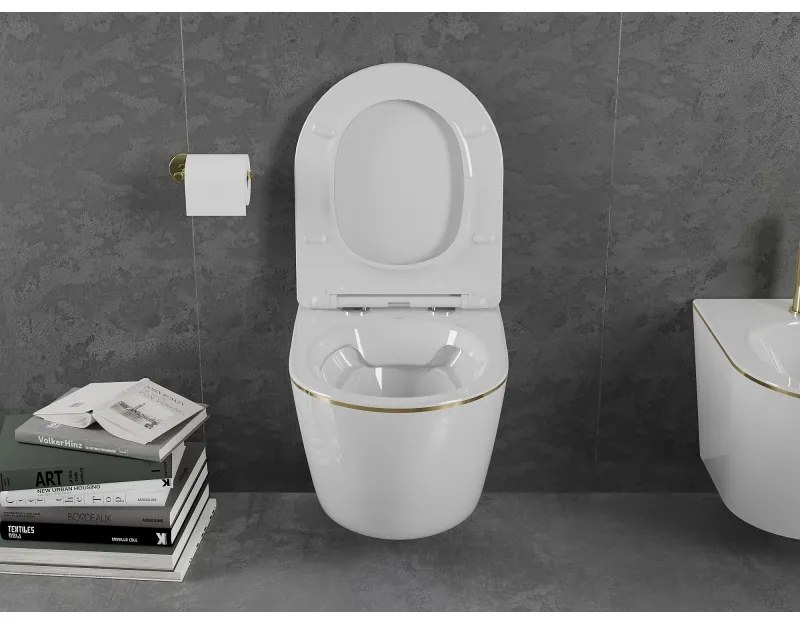 Mexen Lena WC mísa Rimless s pomalu padající deskou slim, duroplast, bílá/Zlatá geometrický vzor - 30224005