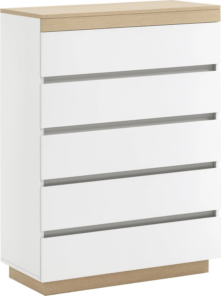 HOMCOM 5-Drawer Dřevěný Komoda s 5 Šuplíky, Komoda do Ložnice s Mechanismem proti Převisnutí, 80x40x109 cm, Bílá a dub | Aosom