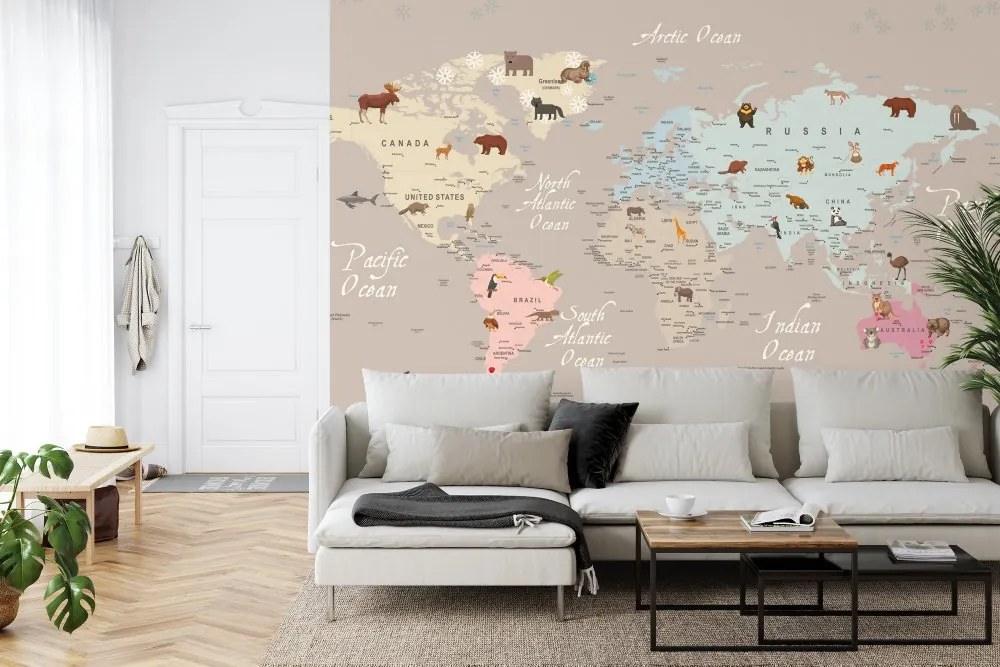 Fototapeta Animals World Map For Kids Wallpaper Design Omyvatelný vlies 450x300