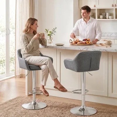 HOMCOM sada 2 360° otočných sametových barových židlí, výškově nastavitelné, s podnožkou, opěradlem, kovovou základnou, šedá